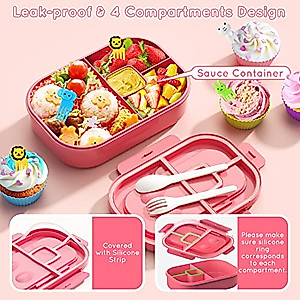 TIME4DEALS Bento Box for Kids 44oz 4 Compartment Lunch Container with Cutlery, Bento Lunch Box Containers for Kid/Adult/Toddler, Leak Proof, Microwave/Dishwasher/Refrigerator Safe, BPA Free (Pink)