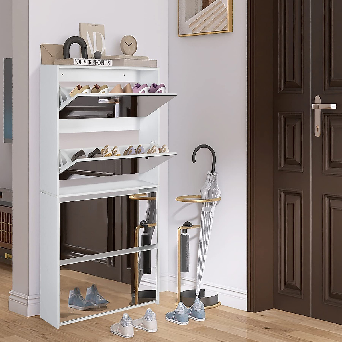 Shoe Storage Cabinet for Entryway Slim, White Wood Shoe Rack Organizer with 4 Flip Mirror Drawers, Freestanding Modern Narrow Shoes Storage Cabinet, Apartment, Living Room