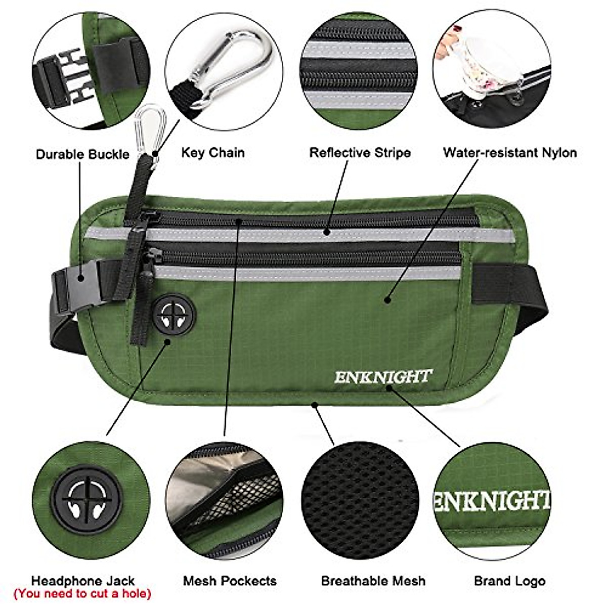 ENKNIGHT Big RFID Money Belt for Travel Running Waist Pack Fanny Pack Green