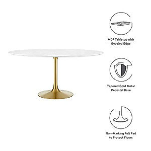 Modway Lippa 60" Mid-Century Modern Dining Table with Round White Top and Pedestal Base in Gold White