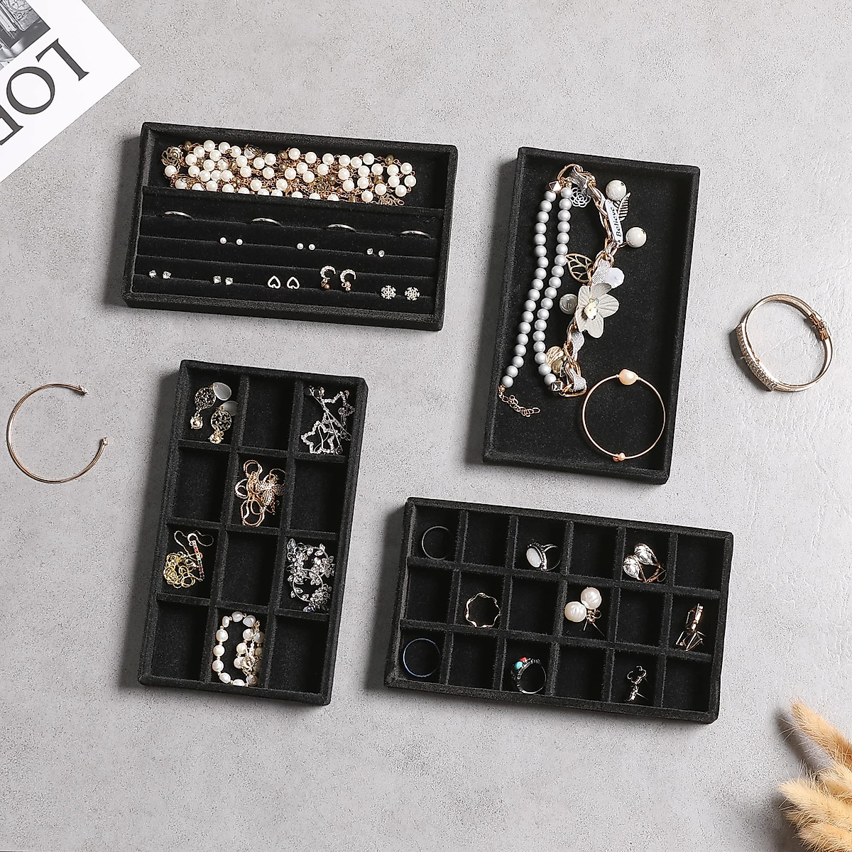 Frebeauty Jewelry Organizer Tray,Stackable Velvet Jewelry Trays,Drawer Inserts Earring Organizer For Women Jewelry Storage Display Case for Rings Stud Necklaces,Set of 4(Black)