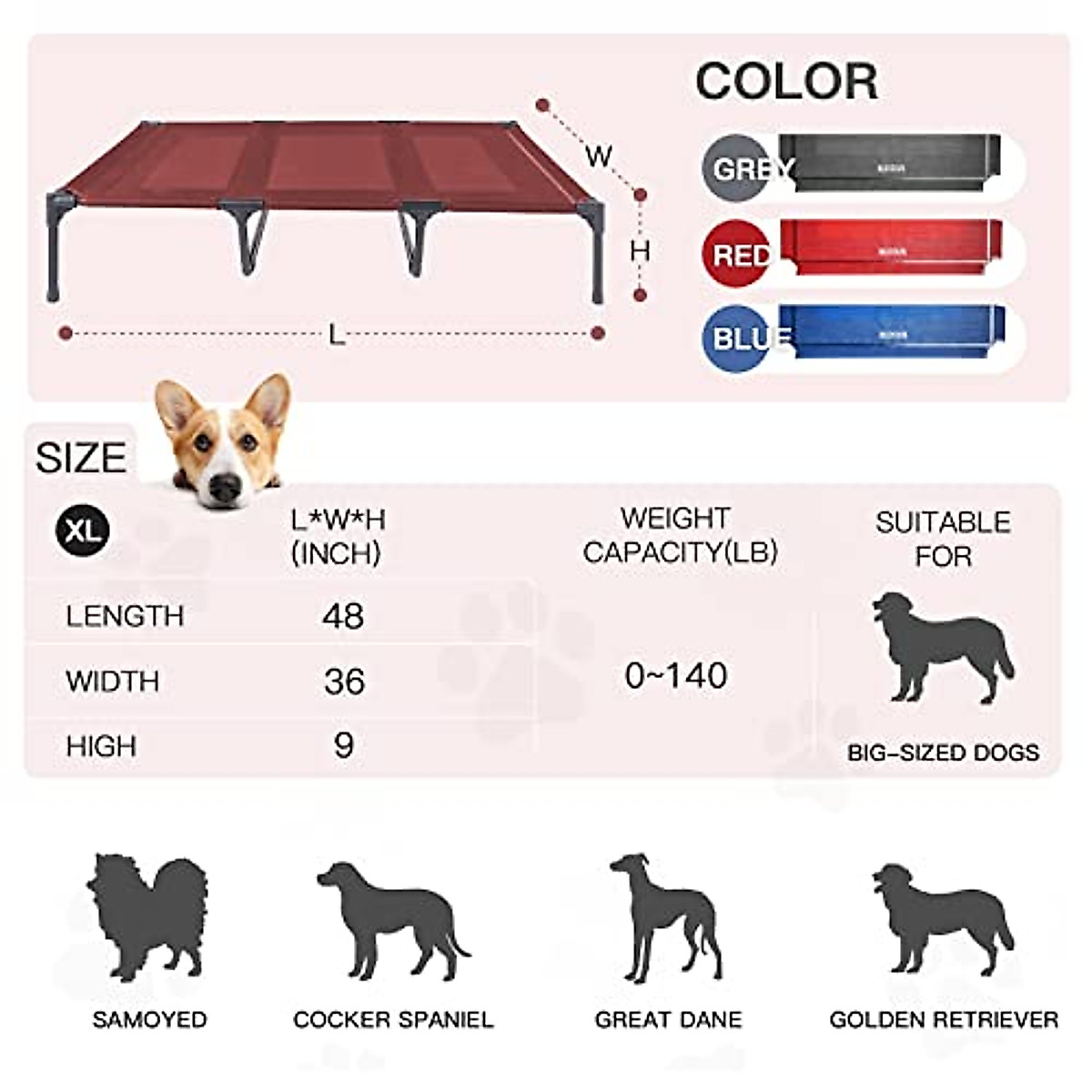 suddus Elevated Dog Beds Waterproof Outdoor, Portable Raised Dog Bed, Dog Bed Off The Floor, Dog Bed Easy Clean Indoor or Outdoor Use, Multiple Sizes