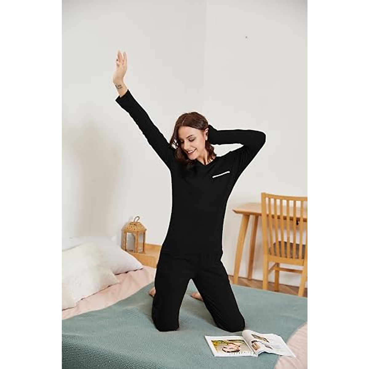 difficort Womens Pajama Sets Long Sleeve Soft Casual Sleep Loungewear Sleepwear with Pockets,Black,Medium