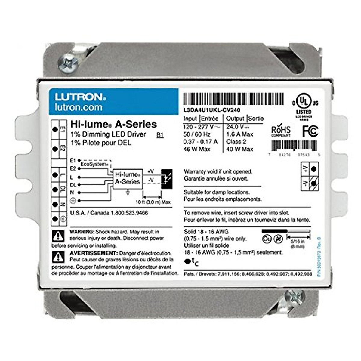 Lutron L3DA4U1UKL-CV240 LED Driver, 24VDC, 120/277VAC, 170-370 mA Lighting, Black