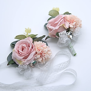 ETERNAL ANGEL Boutonniere and Corsage Wristlet Bracelet Set with Pink Artificial Rose Eucalyptus Leaves for Groom Bride Groomsmen Bridesmaids Best Men at Wedding Party Prom