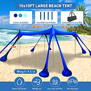 Wabolay Beach Tent Canopy Pop Up Shade 10x10ft Sun Shelter Portable Family UPF50+ with 8 Sandbags-2 Sand Shovel-4 Aluminum Poles-Ground Pegs-Carrying Bag for Outdoor Camping Fishing Backyard Picnic