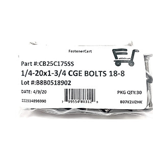 1/4-20x1-3/4 Carriage Bolts Stainless Steel 18-8 (30 Pieces)
