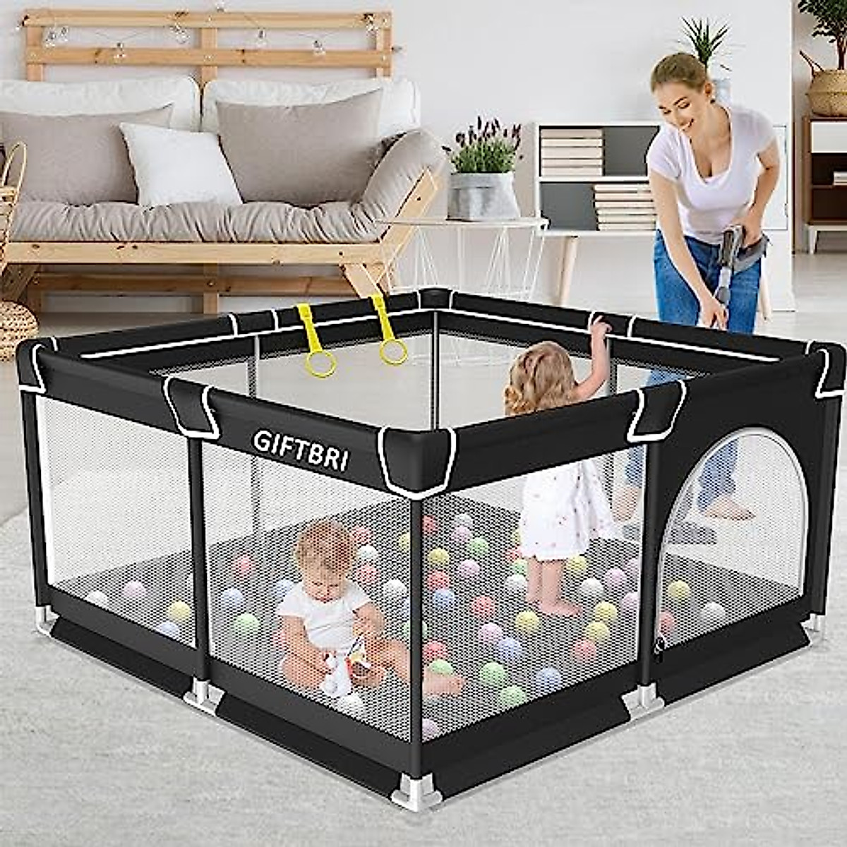 GIFTBRI Baby Playpen for Toddler, Baby Playard, Playpen for Babies with Gate,Indoor & Outdoor Playard for Kids Activity Center,Sturdy Safety Play Yard with Hand Rings(Black,50”×50”)