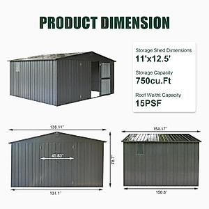 Domi 11x12.5FT Outdoor Storage Shed, Large Size Metal Outdoor Storage Cabinet with Lockable Doors, Windows, Galvanized Steel Storage House for Backyard, Patio, Garden, Lawn, Grey