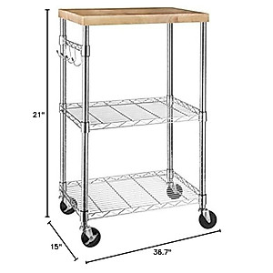 Amazon Basics Kitchen Storage Microwave Rack Cart on Caster Wheels with Adjustable Shelves, 175 Pound Capacity, 15 x 21 x 36.7 inches, Wood/Chrome