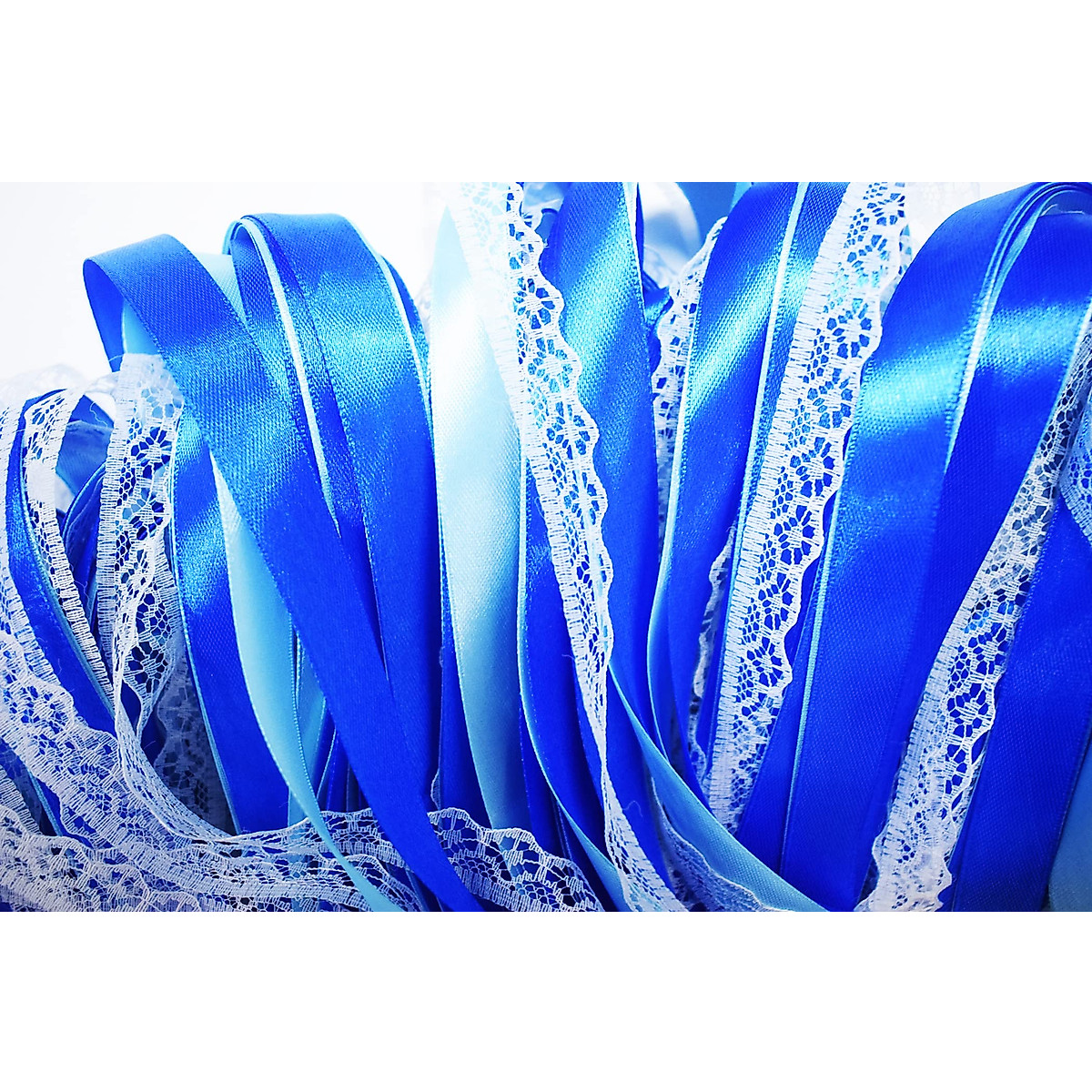 100 Pack Blue Lace Wedding Ribbon Wands Streamers with Bells Silk Fairy Wands Sticks Wedding Exit Ribbon for Party Activities Bridal Shower Send Off Holiday Celebration