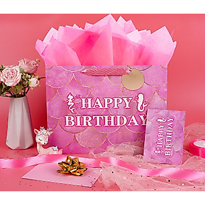 Jaywayang 12.6" Large Pink Mermaid Happy Birthday Gift Bag with Card, Tissue Paper and Tag for Kids Girls Birthday Party.