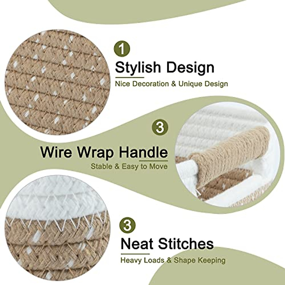 OIAHOMY 12.8x9x5.5in Woven Baskets for Storage, Storage Baskets for Shelves, Cotton Rope basket set of 3, Decorative Storage Baskets, Rectangle Basket With Handles, Brown and White