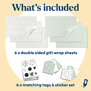 Wedding Gift Wrap - 6 Luxury Sheets of Weddings Wrapping Paper in Aisle Go With Green Design - Green & White Floral Hearts Design