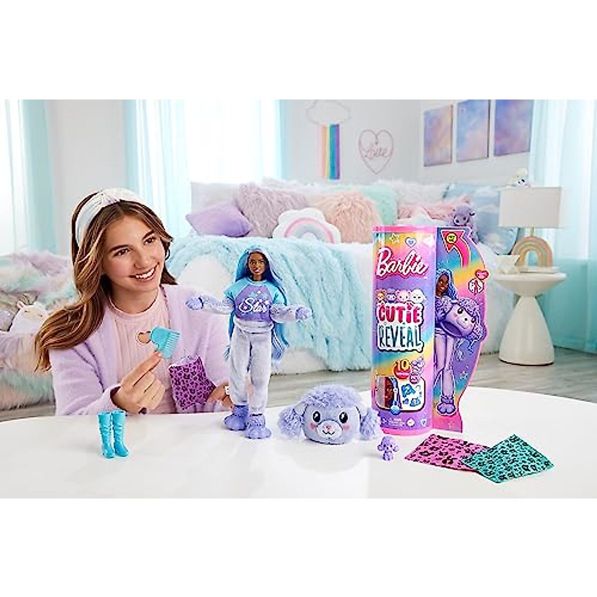 Barbie Cutie Reveal Doll with Purple Hair & Poodle Costume, 10 Suprises Include Accessories & Mini Pet (Styles May Vary)