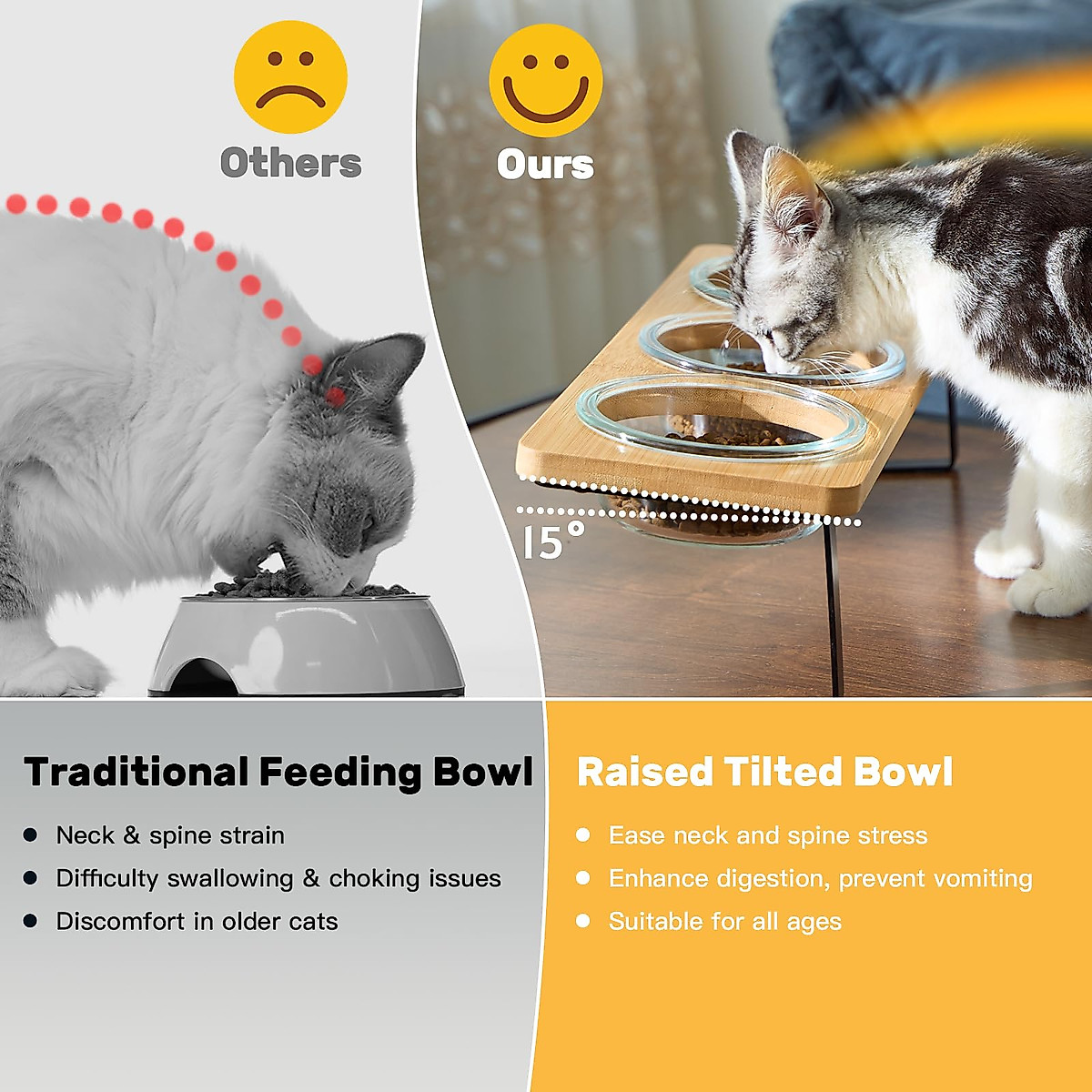 Lawfery Elevated Cat Bowls, 15° Tilted Cat Food Bowl, Includes 3 Glass Cat Bowls, Bamboo Board, and Metal Stand for Cats and Puppies