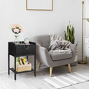 Night Stand with Charging Station, End Tables Living Room, Bed Side Table with Drawers, End Table with Storage, Small Side Table for Small Spaces, Night Table for Bedroom, Skinny Side Table for Couch