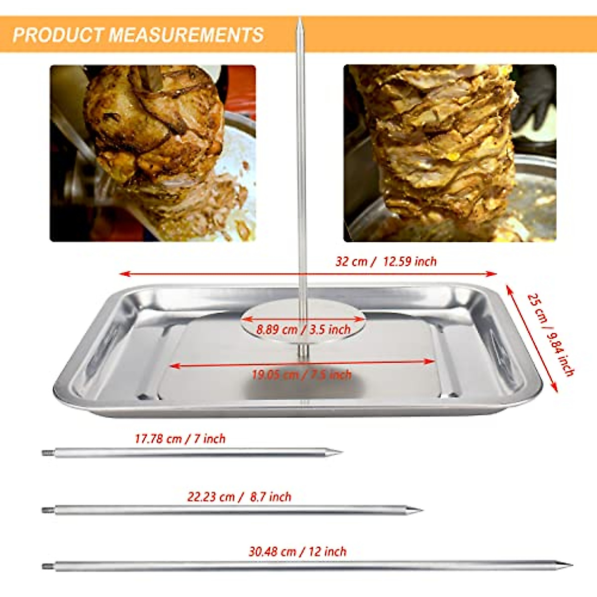 Stainless Steel Vertical Skewer for Barbecue Grill, For Tacos Al Pastor, Shawarma, Brazilian Churrasco, Removable Grilling Rack Meat Spit (With Bakeware)