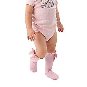 EPEIUS Baby Knee High Socks Newborn Girls Socks with Bow Uniform Tube Stockings Baby Long Socks for 0-3 Months,6 Pairs Pack,Black/White/Grey/Duty Pink/Wine/Green