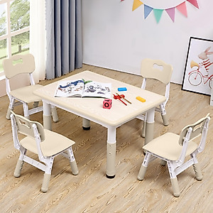CuFun Kids Table and Chairs Set, Height-Adjustable Toddler Table and Chairs Set for Age 3-8, 31.5''Lx23.6''W Graffiti Desktop, Kids Activity Table for Daycare, Classroom, Home (Natural-Wood, 4 Chairs)