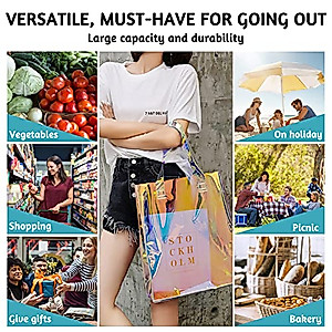 inheming Iridescent Clear Tote Bags, Fashion Holographic Clear Handbag for Women Christmas Gift, Large Transparent Stadium Concert Work Bag