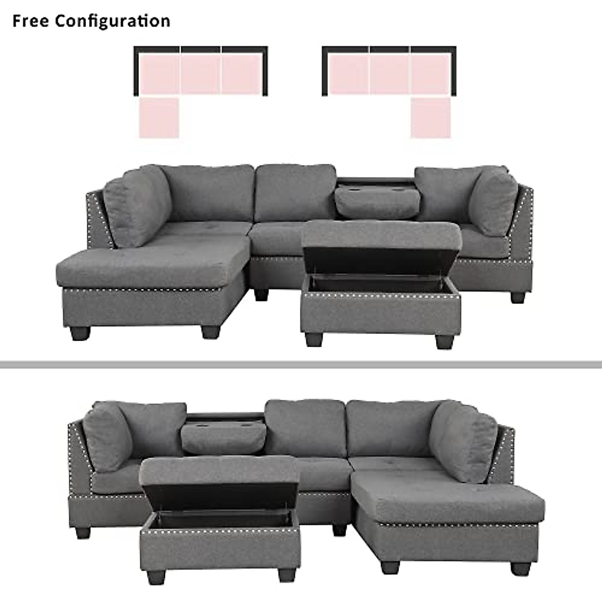 Eafurn L Shaped Sectional Sofa with Reversible Chaise and Drop Down Table & Cupholders, Upholstery Corner Couch with Storage Ottoman, Tufted Convertible Sofa & Couch for Living Room Furniture Set