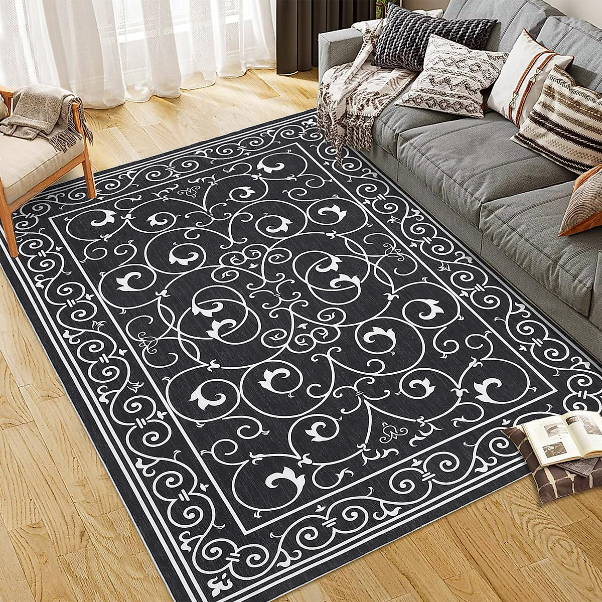 COZYLOOM 9x12 Rug Washable Living Room Rugs Moroccan Area Rug for Bedroom Nursery Vintage Floral Office Rug Non-Slip Backing Throw Rugs Modern Area Rug Distressed Room Decor Ghothic Rug Black Rug