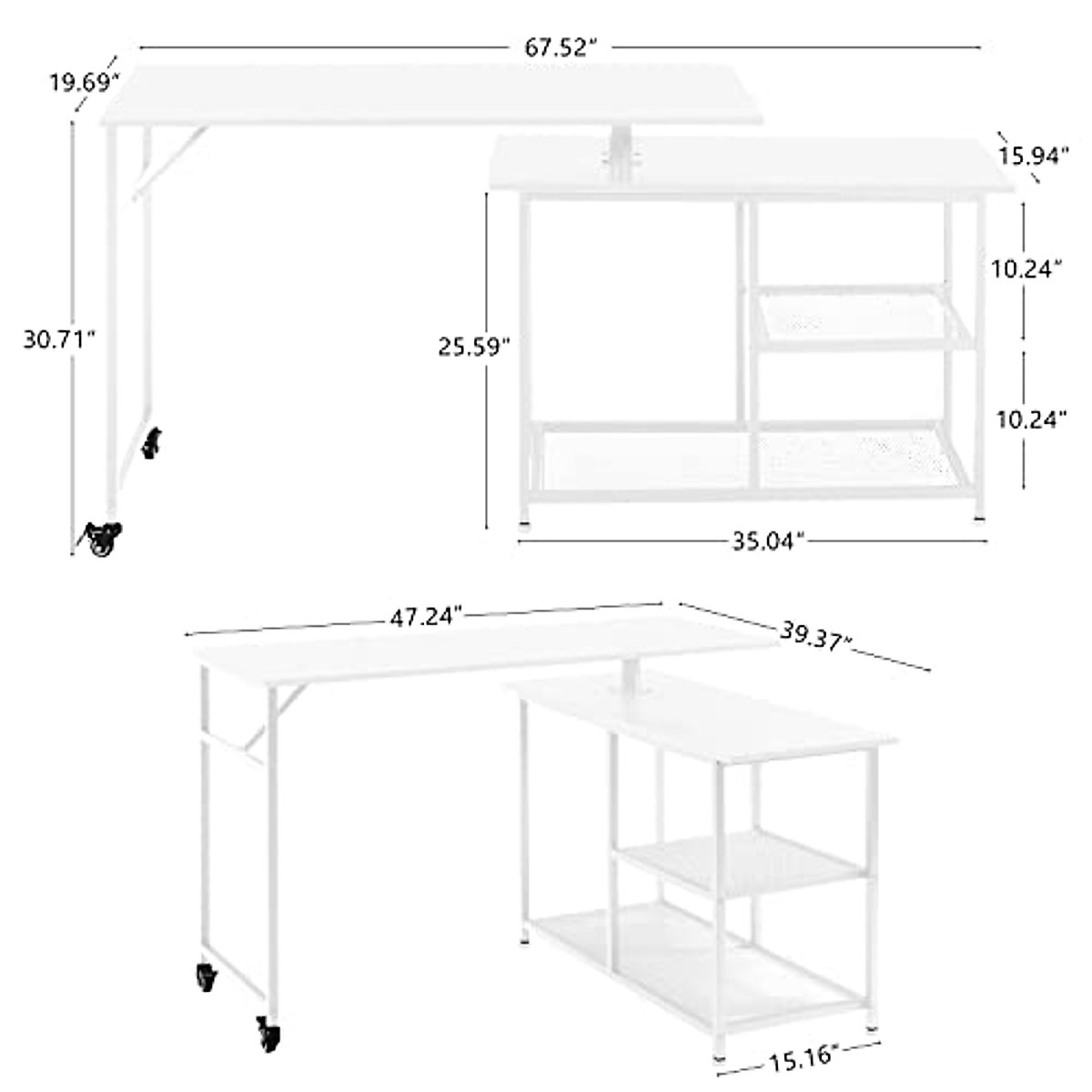 LTMEUTY 360°Free Rotating Desk - Modern Home 0ffice Desk, Reversible Computer Desk Study Writing Table Workstation, L-Shaped Corner Desk with Storage Shelves, Sofa Side Table, White