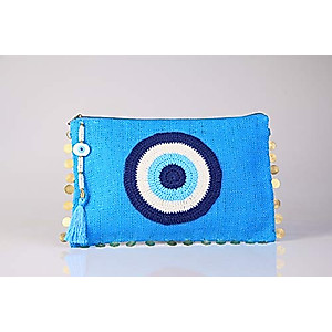 Karens Ege Evil Eye Jute/Burlap Clutch Bag for Women Beach Bag Zipper Closure with Crystals and Tassels (w/o Chain)