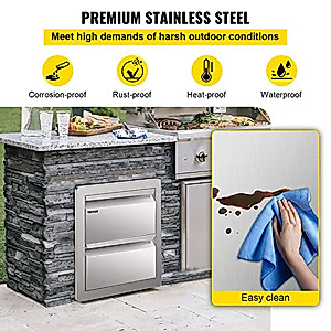 VBENLEM 14W x 14.5H x 23D Inch Flush Mount Stainless Steel Double Drawers with Recessed Handles for Outdoor Kitchens or BBQ Island