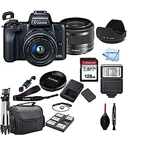 Canon EOS M50 Mirrorless Digital Camera (Black) with 15-45mm STM Lens + 128GB + Padded Case + Steady Grip Tripod + 50 Inch Tripod + Tulip Lens Hood