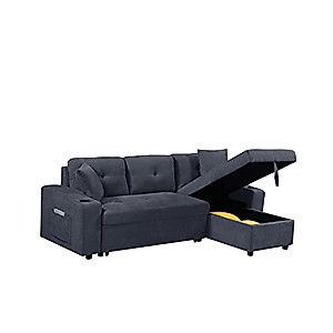 OPTOUGH Gray Sleeper Sectional Storage Chaise and Side Pocket, 2 Cupholders, L-Shape Couch with Pull-Out Sofa Bed for Home Living Room Apartment, Dark Grey