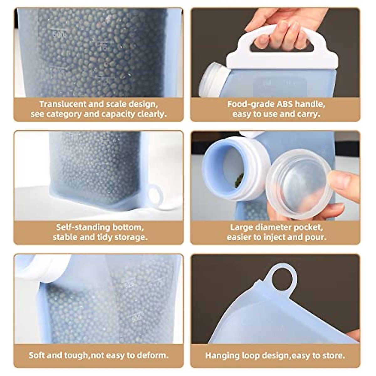 2 Pcs Grain Moisture Proof Sealed Bag, Stand-Up Silicone Dry Food Storage Bag, Liquid Storage Container with Capacity, Portable Grain-Grade Storage Bag for Cereals, Flour, Pet Food, Beverages