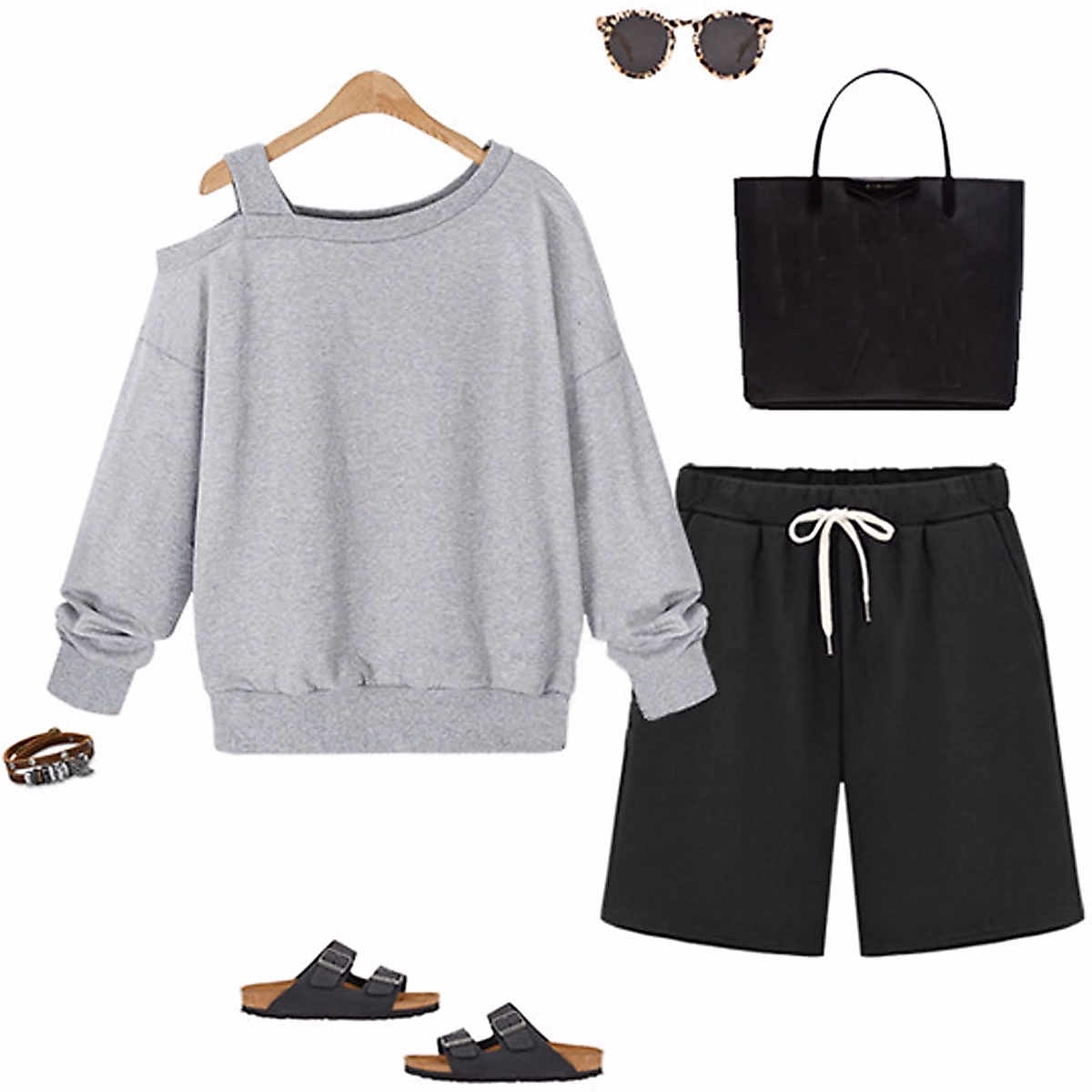 HOW'ON Women's Soft Knit Elastic Waist Jersey Casual Bermuda Shorts with Drawstring Grey XL