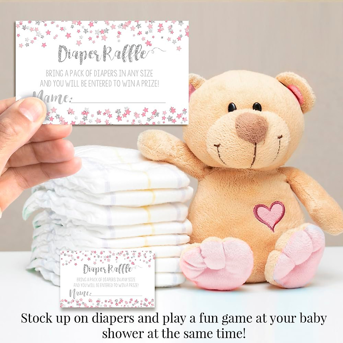 Amanda Creation Pink & Silver Twinkle Little Star Themed Diaper Raffle Tickets for Girl Baby Showers, 20 2" X 3” Double Sided Inserts, Bring a Pack of Diapers to Win Favors & Prizes!