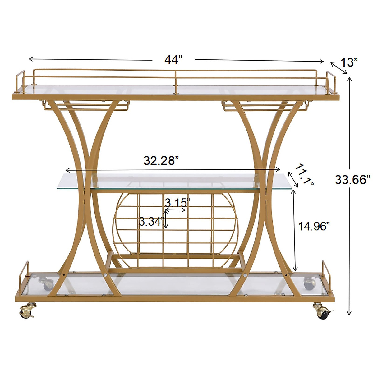 FABOMEI Gold Bar Carts with Glass Holders & Wine Rack,3 Tier Home Bar Serving Carts with Glass Shelves,Metal Rolling Bar Carts for The Home Kitchen, Party