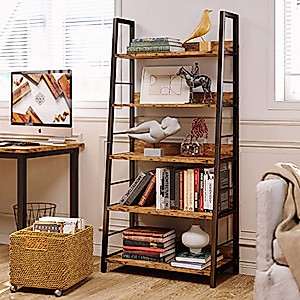 IRONCK Industrial Bookshelves and Bookcases, Ladder Shelf 5 Tier with Metal Frame for Living Room, Home Office, Rustics Brown