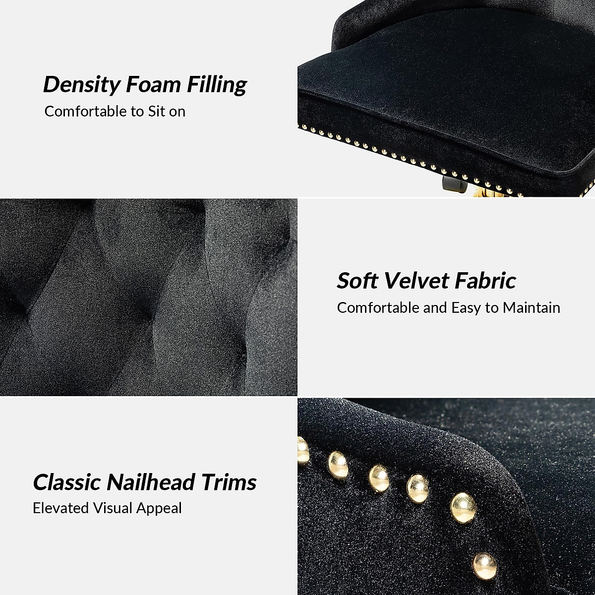 TINA'S HOME Velvet Armless Office Chair with Gold Base & Nailhead Trim, Modern Tufted Upholstered Desk Armchair Swivel Adjustable, Cute Wingback Computer Task Vanity Chair for Women, Black