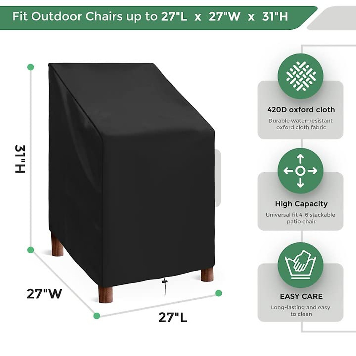 Skyfiree Stacking Patio Outdoor Chair Cover Waterproof, Outdoor Furniture Covers Stacked Chairs 420D, Highback Chair Covers Outdoor Stack Chairs for All Weather Protection Black, 27" L x 27" W x 31”