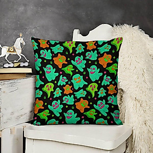 Happy Halloween Cute Ghost Throw Pillow Covers 18×18 Pillowcases Set of 2 Green Glitter Linen Decorative Square Pillow Case Cushion Covers Standard Size for Sofa Couch Outdoor Bed Pillow Protectors