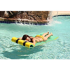 Aqua Lily Pad Tadpole Floating Pool Mat (Single Adult Foam Mattress Lounger) 7'1" x 2' Water Float Includes Pillow Straps & Storage Bag, Green/Yellow, Made in USA