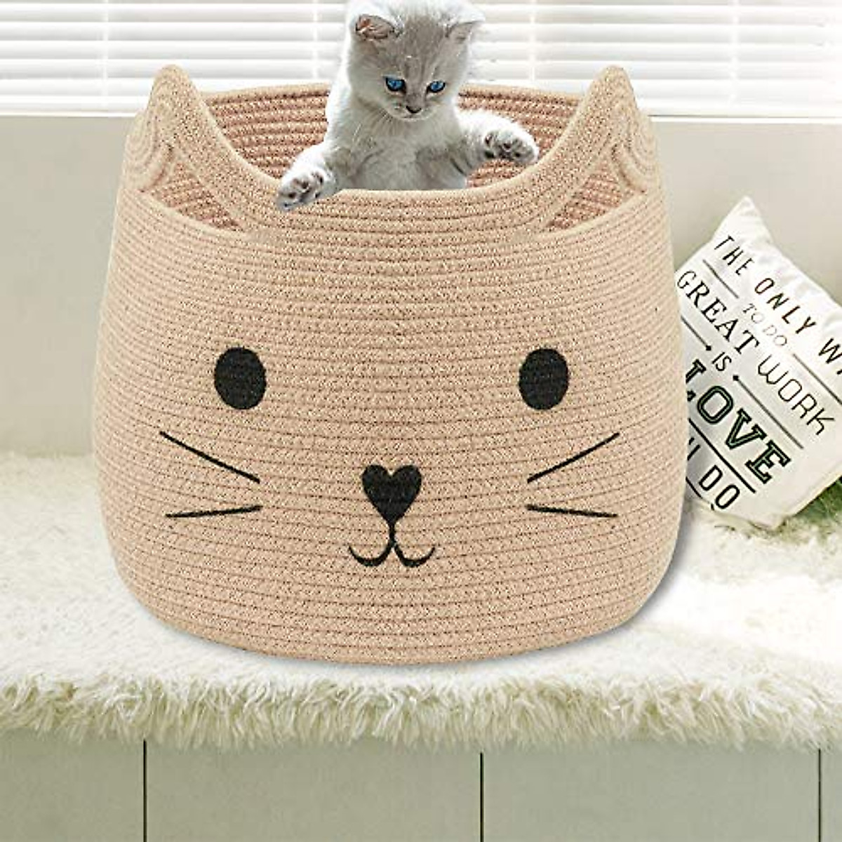 VK Living Animal Baskets Large Woven Cotton Rope Storage Basket with Cute Cat Design Animal Laundry Basket Organizer for Towels, Blanket, Toys, Clothes, Gifts – Pet or Baby Gift Baskets 15‘’ L x 14H