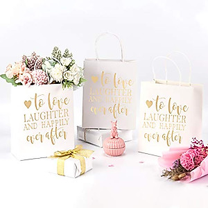 LaRibbons Medium Size Gift Bags - Gold Foil to Love Laughter and Happily Ever After White Paper Bags with Handles for Wedding, Birthday, Baby Shower, Party Favors - 12 Pack - 8" x 4" x 10"