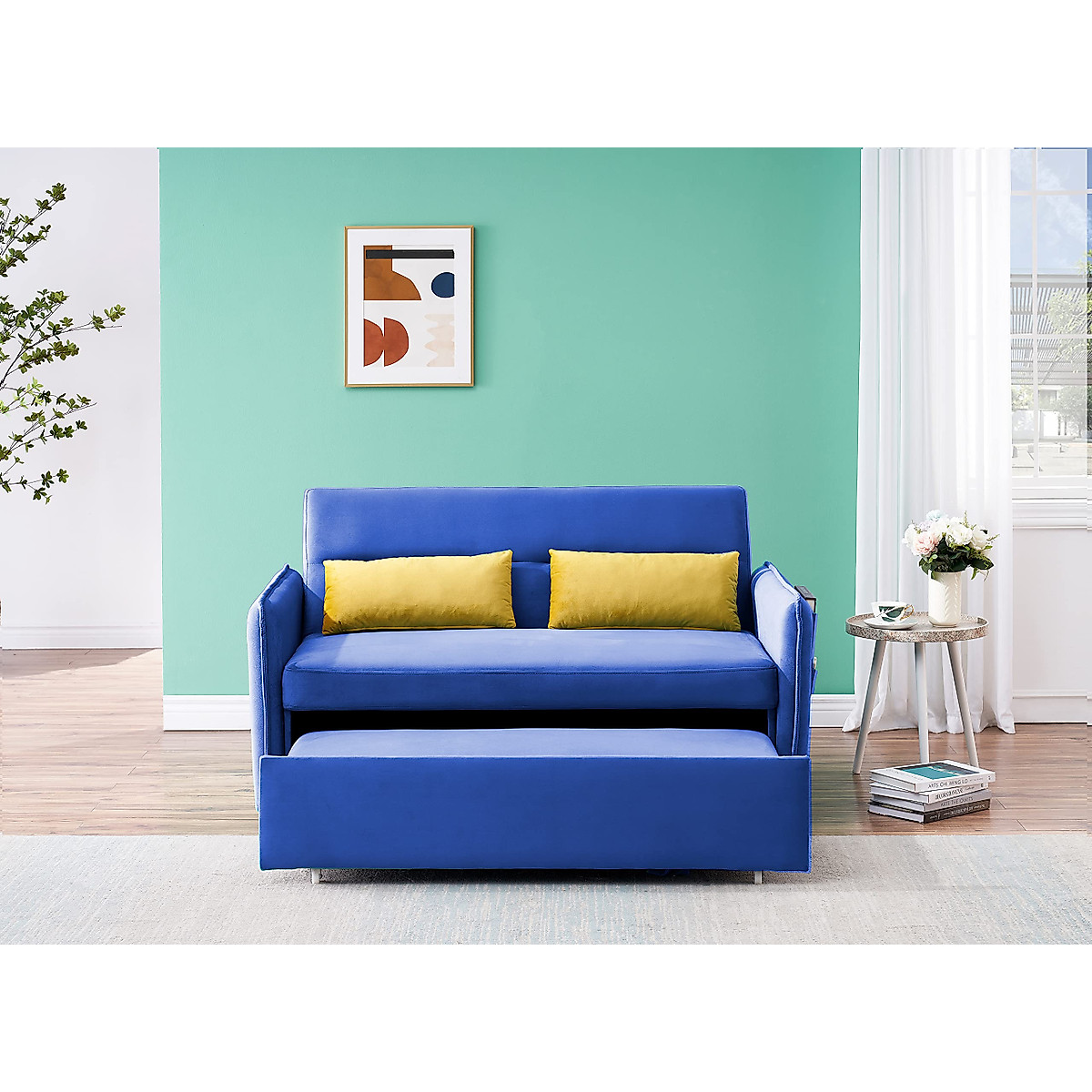 Eafurn Sofa Bed Sleeper, Blue Couch with Side Pockets and Pillows