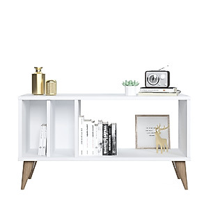 Ruumstore Norm TV Stand 35'', with 3 Open Shelves, TV Stand for Media, Natural Wooden Legs, Opaque White