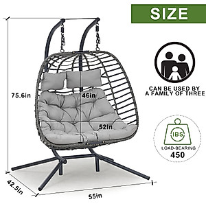 IRONKOM 2 Person Wicker Double Swing Chair with Cushion Grey