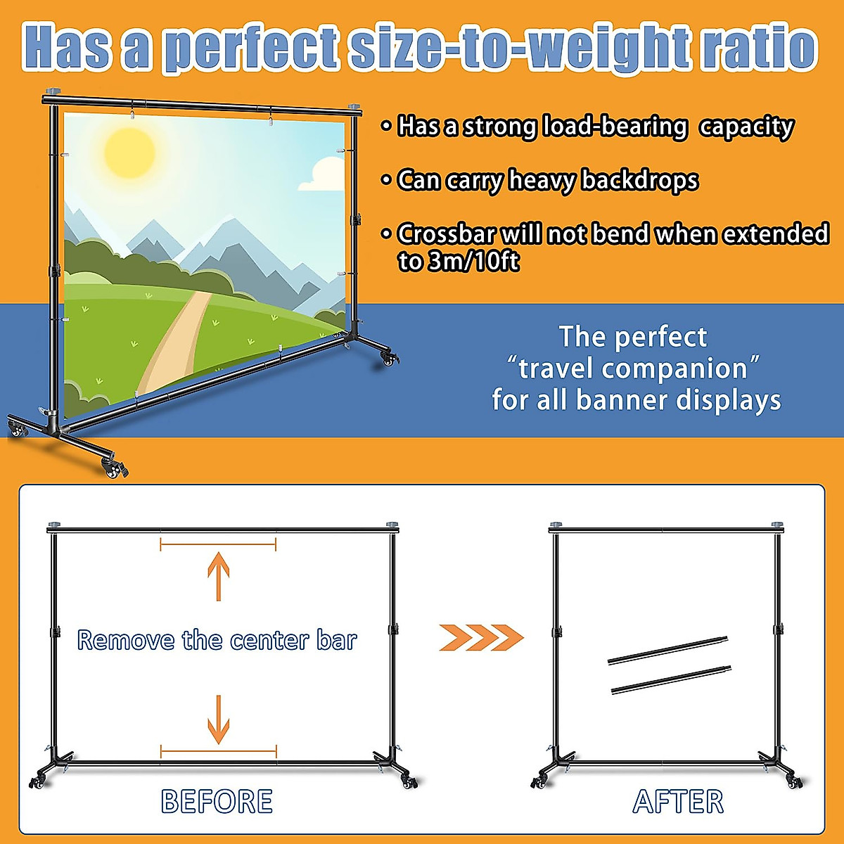 Versatile Heavy Duty Backdrop Stand, with Wheels, 10 * 7ft Adjustable Photo Background Stand, Banner Backdrop Stand for Parties/Photography/Birthday/Studio