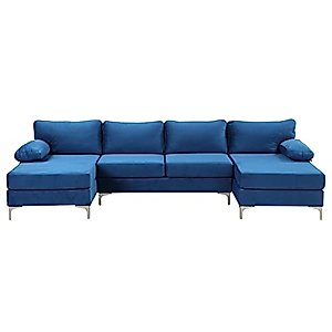 Divano Roma Furniture Modern Large Velvet Fabric U-Shape Sectional Sofa, Double Extra Wide Chaise Lounge Couch, Navy
