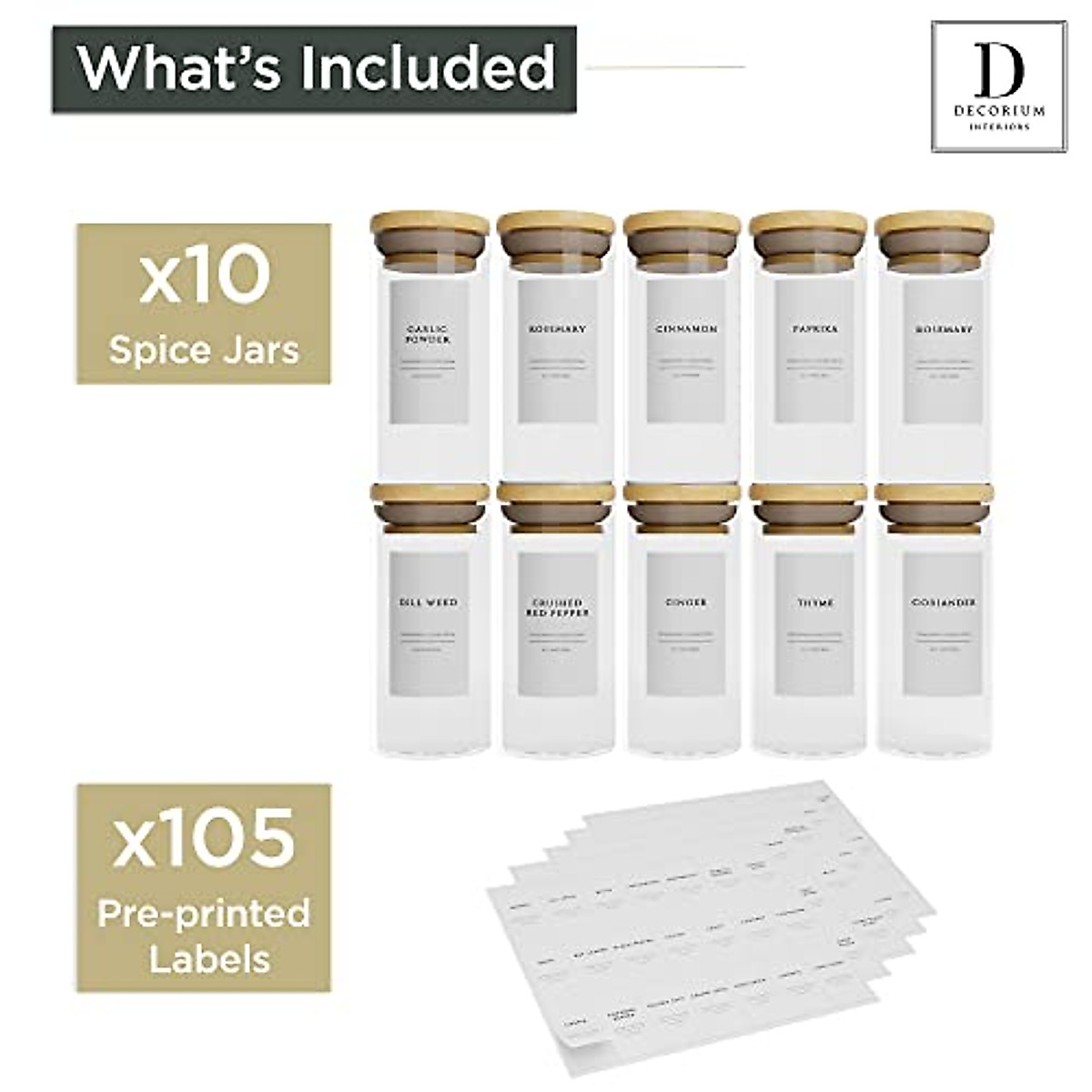 Decorium Interiors Bamboo Spice Jars (10 Pack, 6oz) – Glass Jars with Bamboo Lids - Spice Containers with Bamboo Lids w/ 105 Pre-Printed Labels – Lead-Free Bamboo Jars for Storing Spices & More