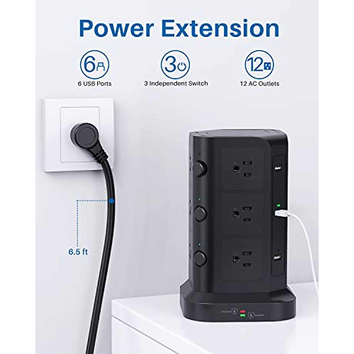 Power Strip Tower by KOOSLA, [15A 1500J] Surge Protector - 12 AC Multiple Outlets & 6 USB Ports, Flat Plug 14 AWG Heavy-Duty Extension Cord 6.5ft, Home Office Supplies, Dorm Room Essentials Black